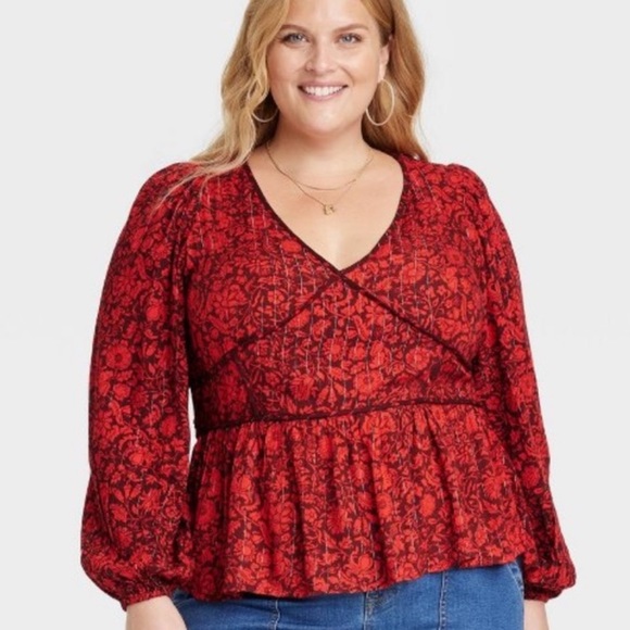 Knox Rose | Tops | 3x 2426 Knox Rose Blouse Red Floral Long Sleeve V ...